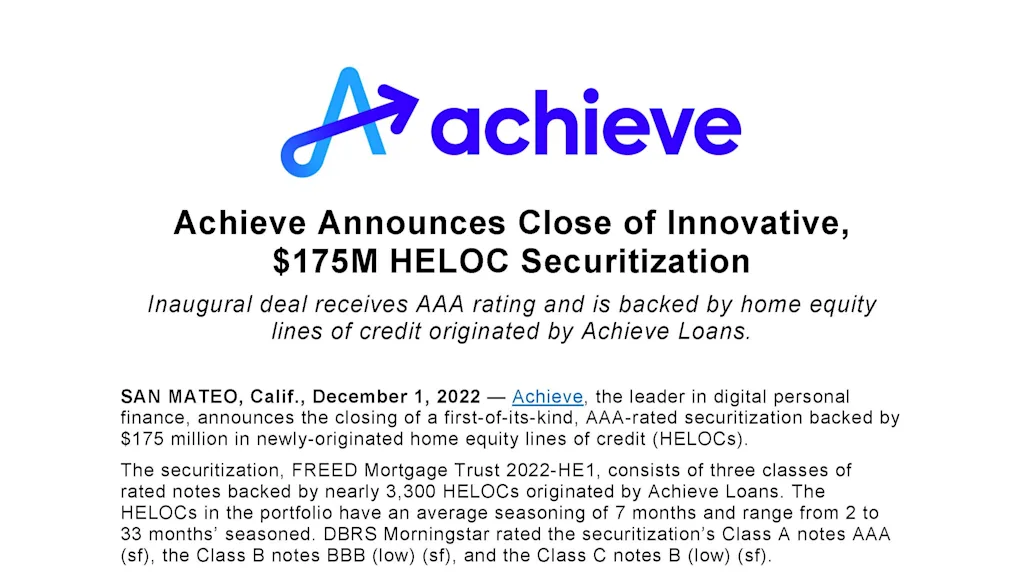 Achieve Announces Close of Innovative, $175M HELOC Securitization | Achieve